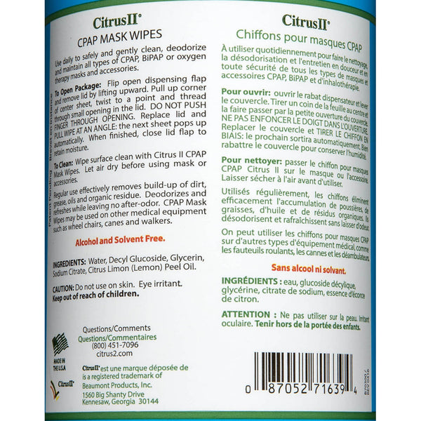 Citrus ll CPAP Mask Cleaner Wipe Citrus II Beaumont Products - Buy ...